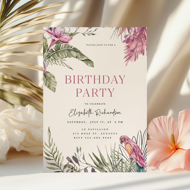 Tropical Birthday Party Invitation Template | Island Invite | Boho ...