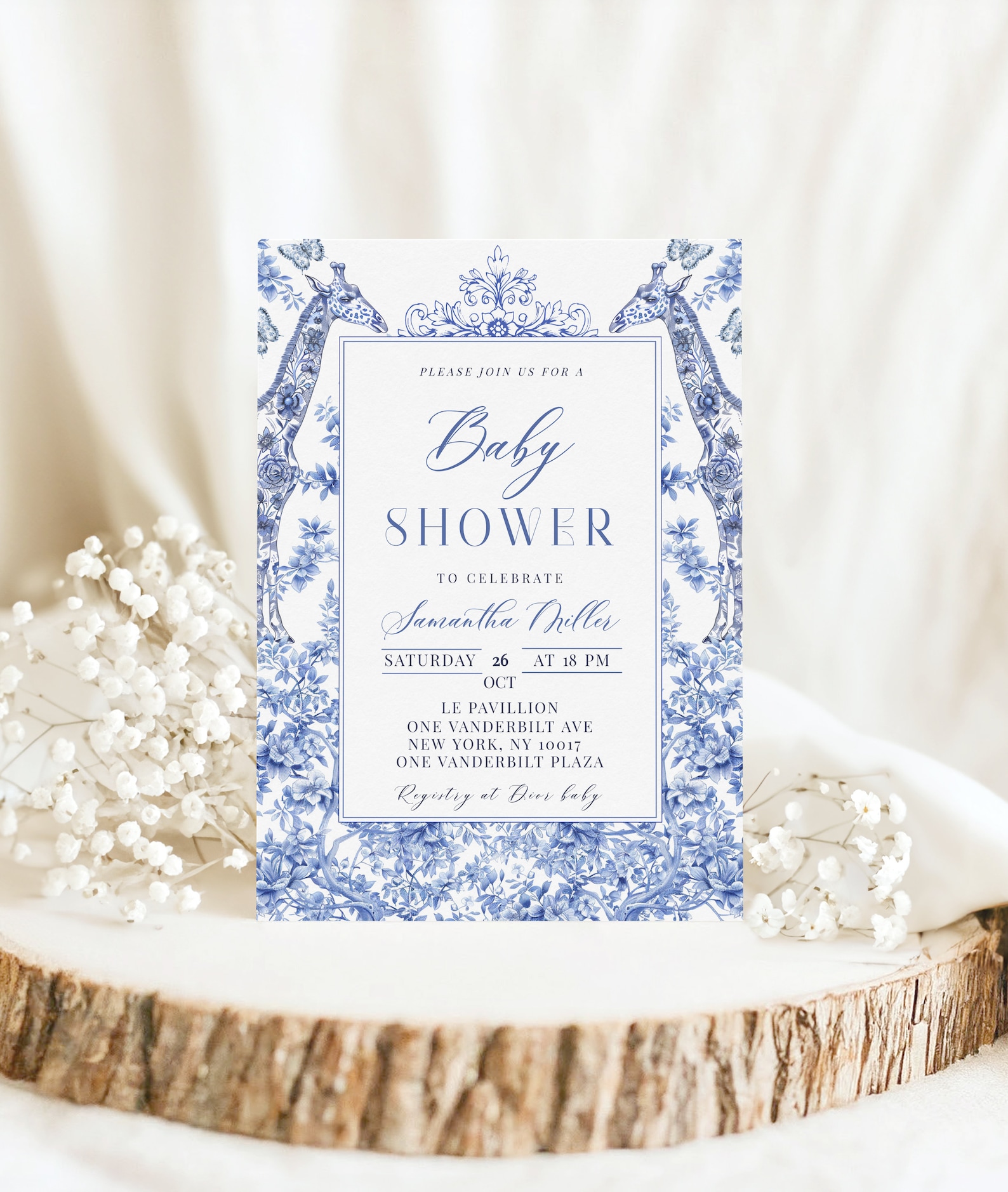 Blue Toile De Jouy Baby Shower Invitation | Giraffe Chinoiserie ...