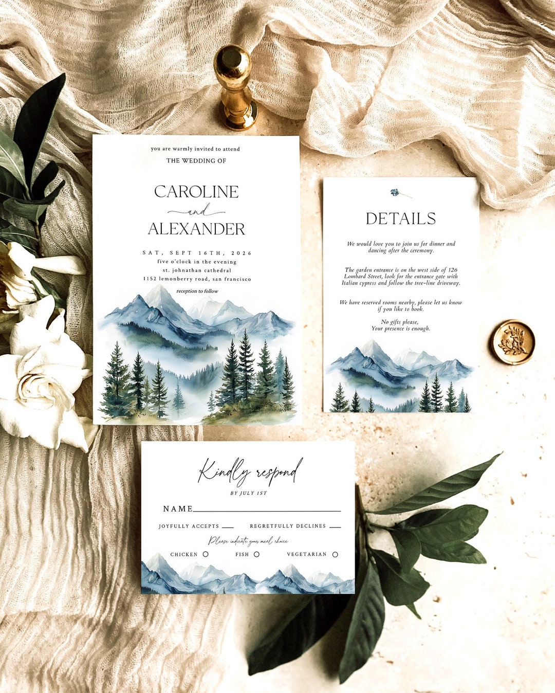 Mountain Wedding Invitation Set, Watercolor Mountains Editable Wedding ...