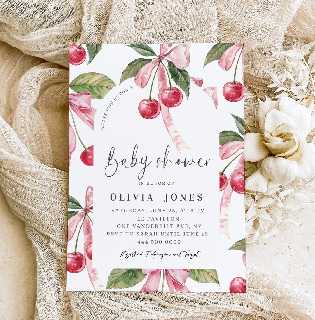 Cherry Baby Shower Invitation Template | Cherry Ribbon Pattern ...