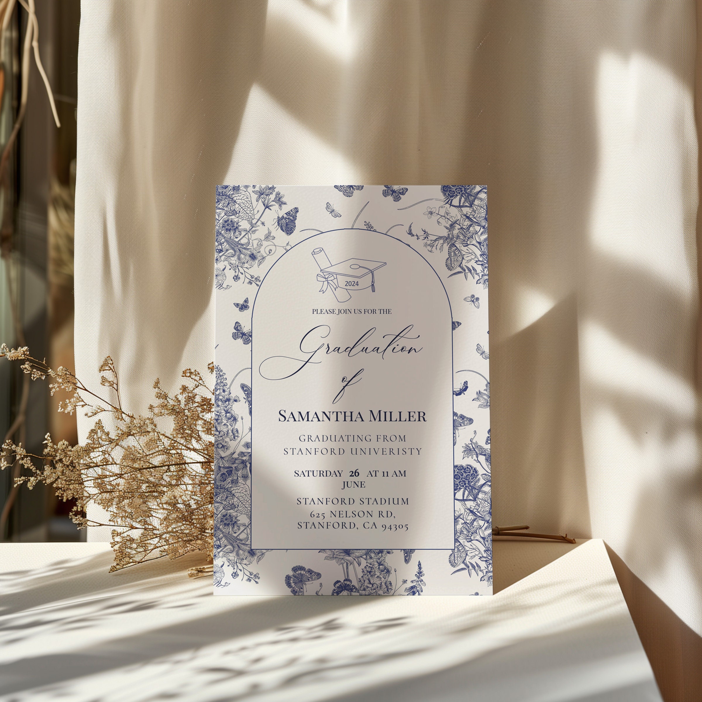 Floral Graduation Invitation Template | Elegant Line Flowers| Blue ...