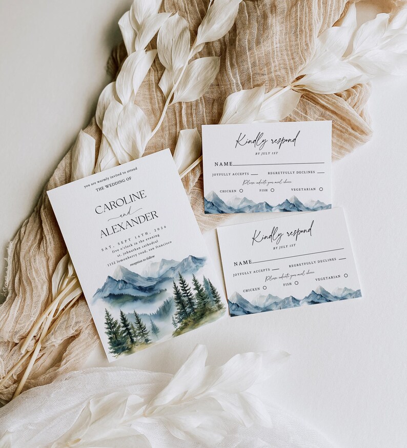 Mountain Wedding Invitation Set, Watercolor Mountains Editable Wedding ...