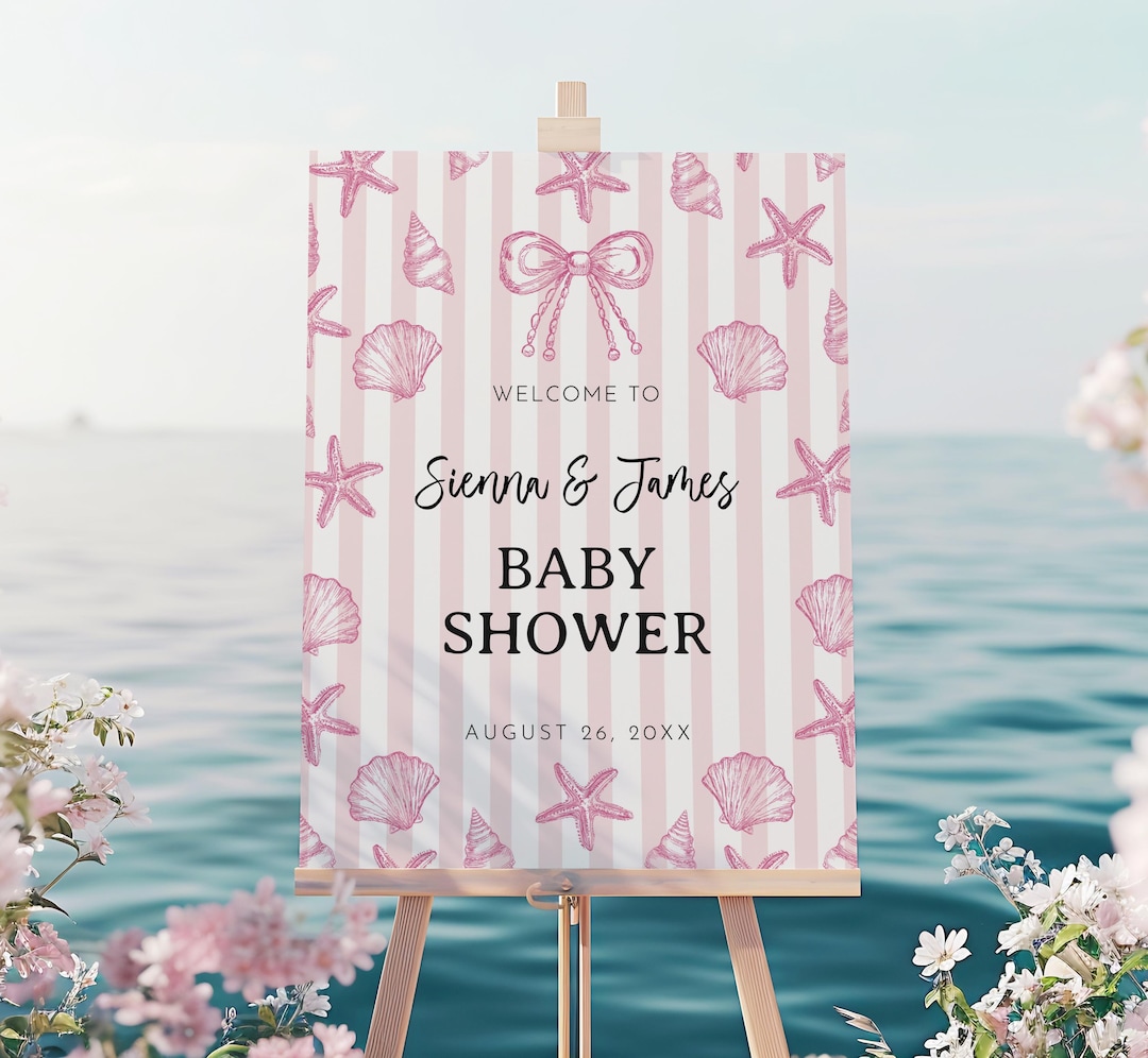 Pink Coastal Baby Shower Welcome Sign, Sea Shell Theme Party Sign ...