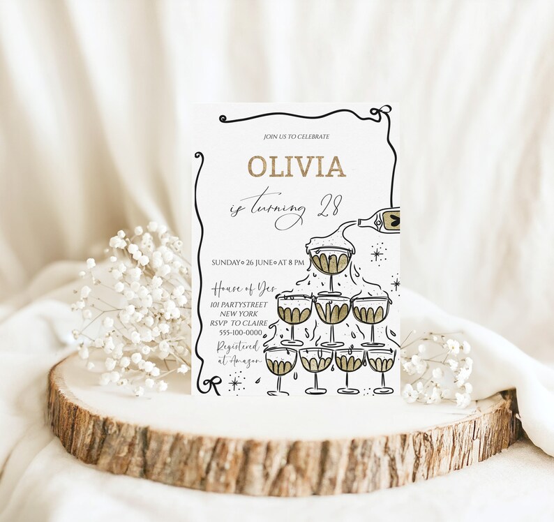 Hand-drawn Champagne Birthday Invitation | Elegant Party Template ...