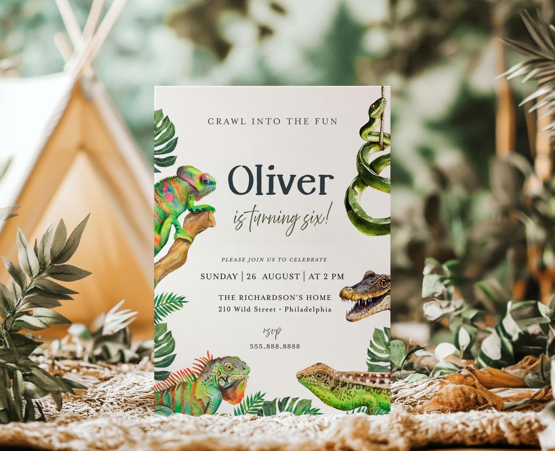 Reptile Birthday Invitation Template: Lizard, Snake, Crocodile ...