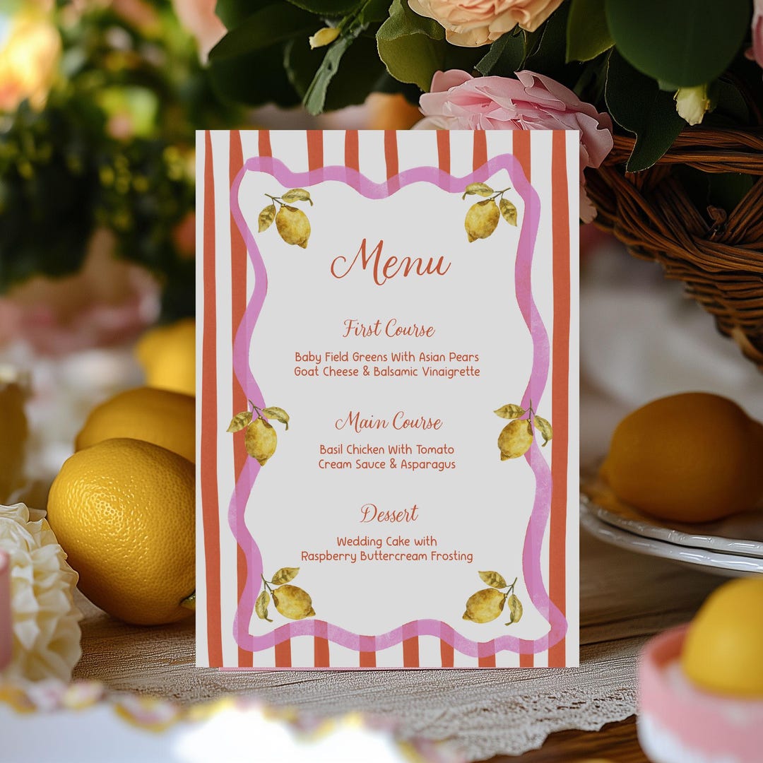 Wavy Pink Lemons Menu Editable Template | Watercolor Hand Drawn Menu ...
