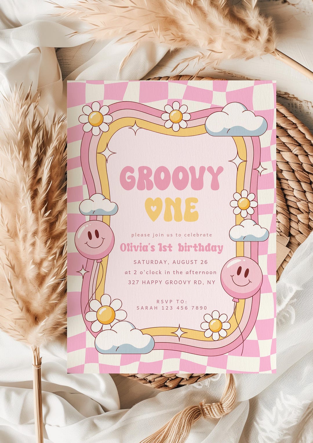 Groovy One Birthday Invitation Template | Retro Pink 1st Birthday ...