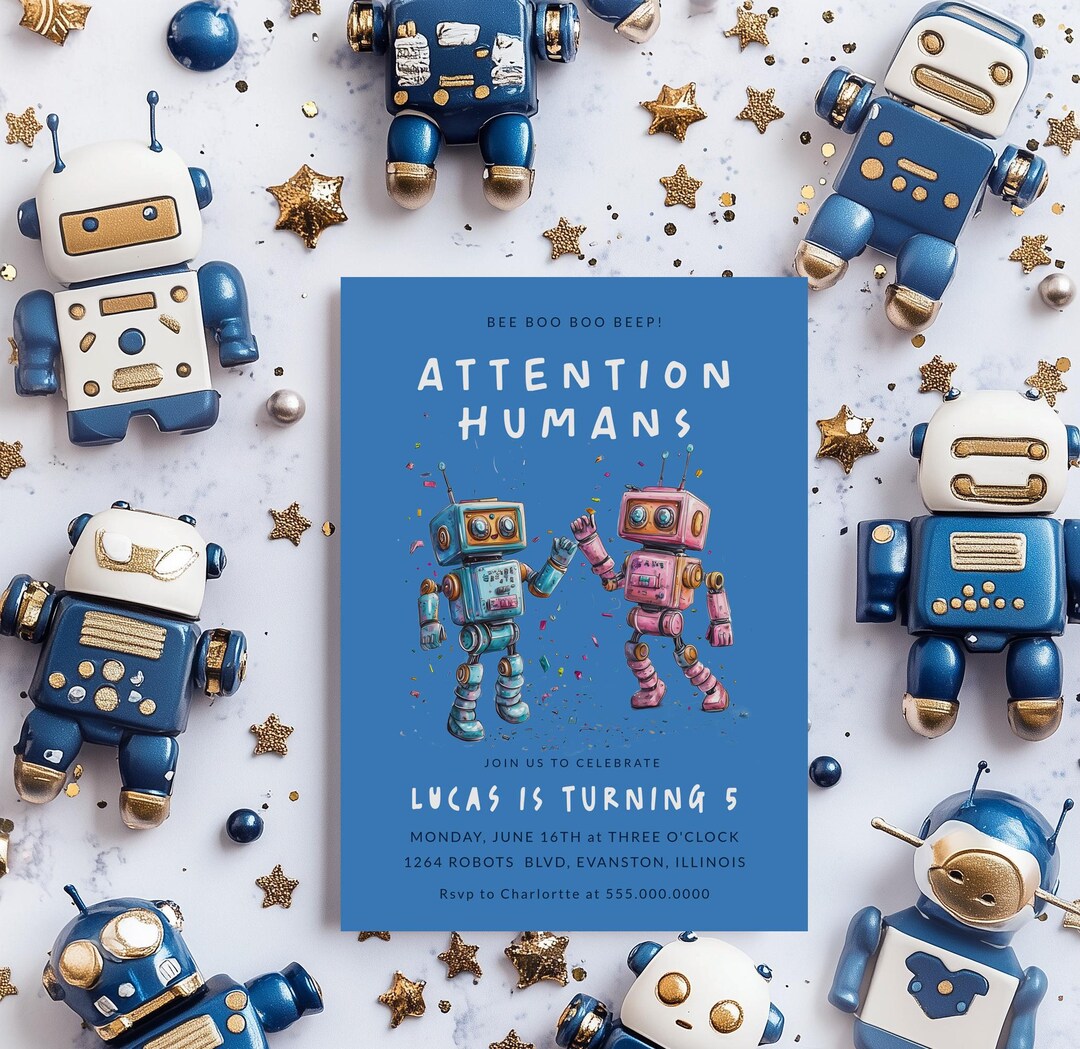 Robots Birthday Party Invitation | Editable, Watercolor (digital ...