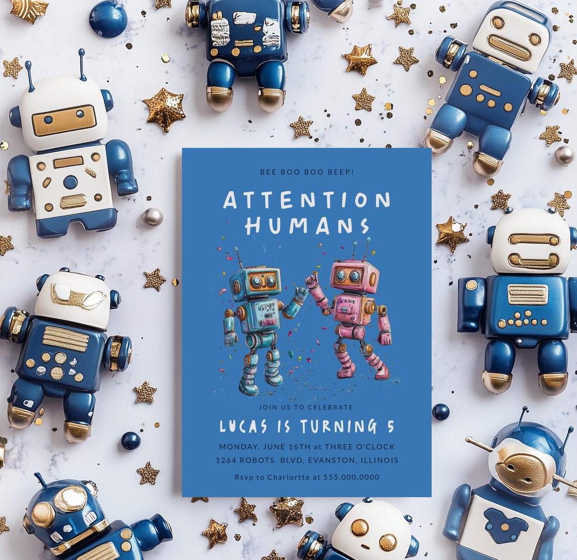 Robots Birthday Party Invitation | Editable, Watercolor (digital ...
