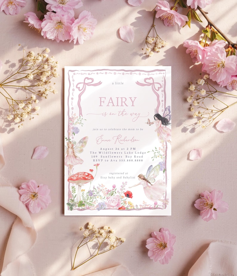 Watercolor Fairy Baby Shower Invitation: Pink Bows, Editable Template ...