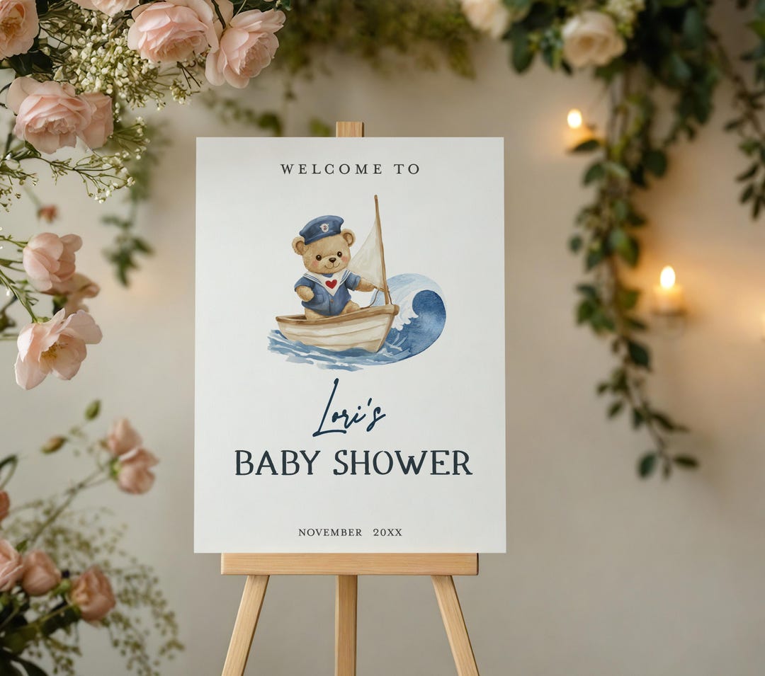 Nautical Baby Shower Welcome Sign: Sailor Teddy Bear, Editable Template ...