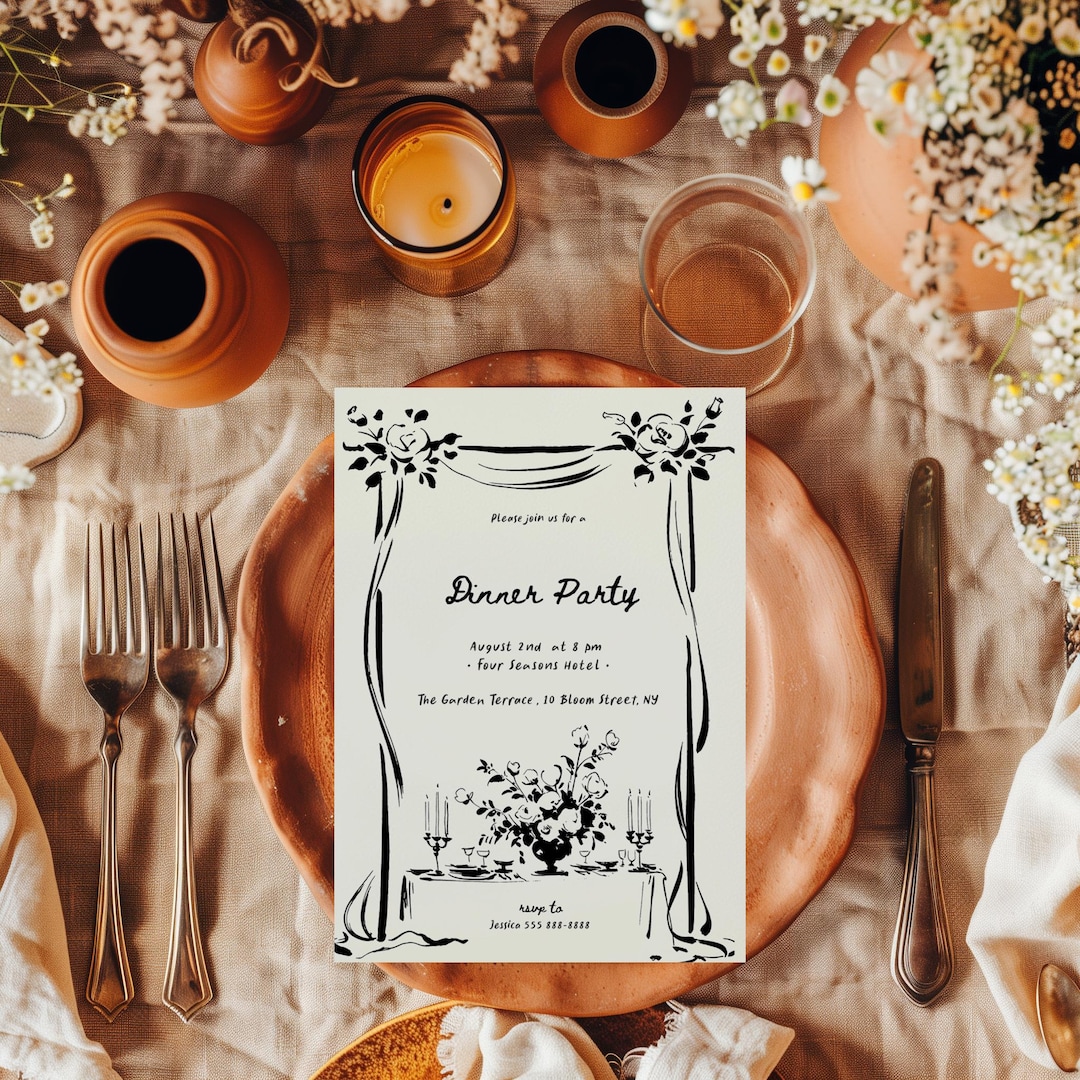 Hand-drawn Dinner Party Invitation: Minimalist Whimsical Design ...