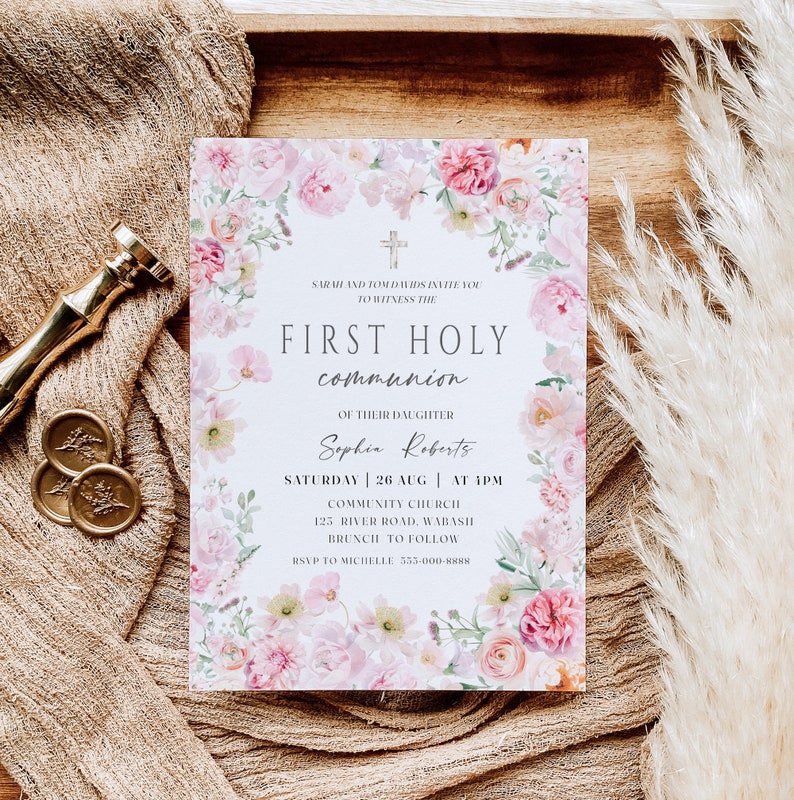 Floral First Holy Communion Invitation | Soft Pink, Editable (instant ...