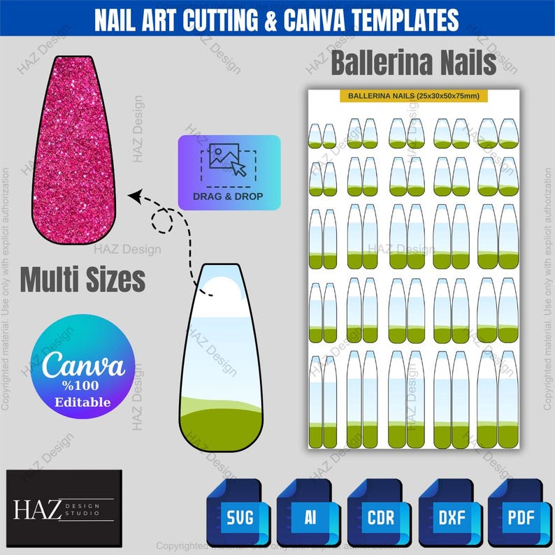 Nail Art Template Bundle, Editable Canva & SVG Files for Printable Nail ...