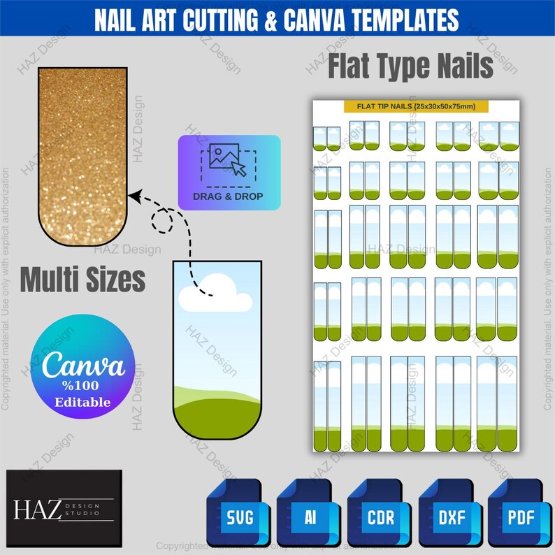 Nail Art Template Bundle, Editable Canva & SVG Files for Printable Nail ...