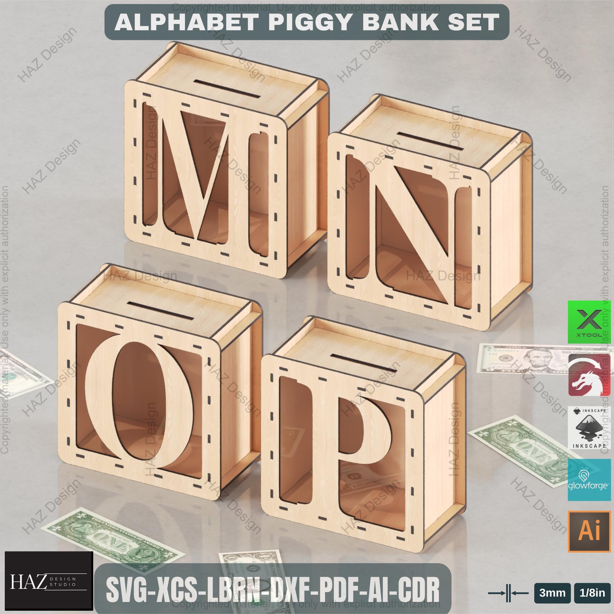 Alphabet Piggy Bank Laser Cut Files A-Z Letter Money Box Set DIY Kids ...