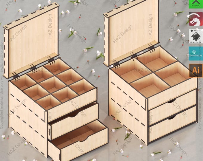 Laser Cut Organizer Box Plan With Drawers Wooden Jewelry or Desk ...