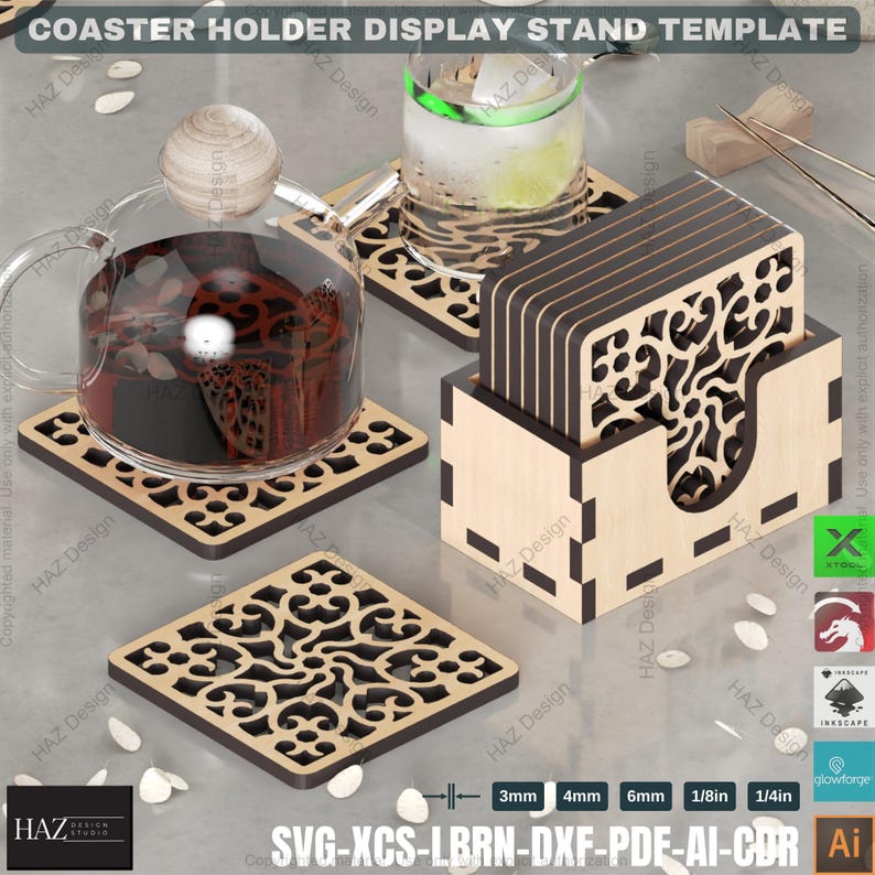 Laser Cut Coaster Holder Round Square Designs, DIY Decor,coaster Holder ...