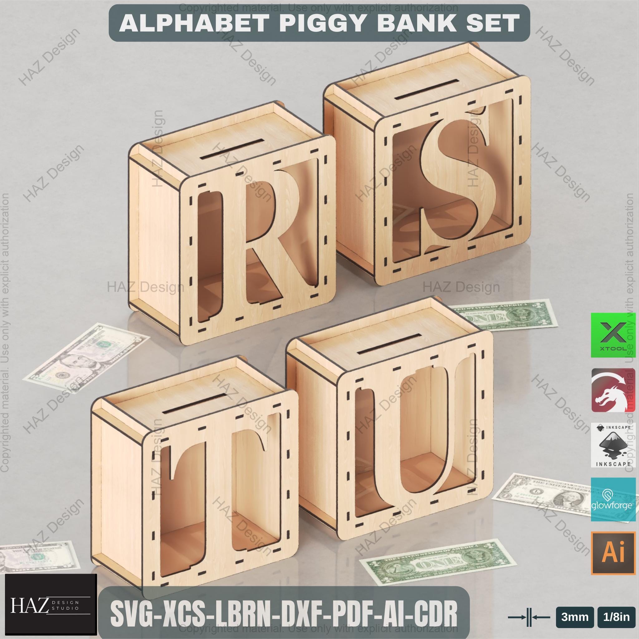 Alphabet Piggy Bank Laser Cut Files A-Z Letter Money Box Set DIY Kids ...