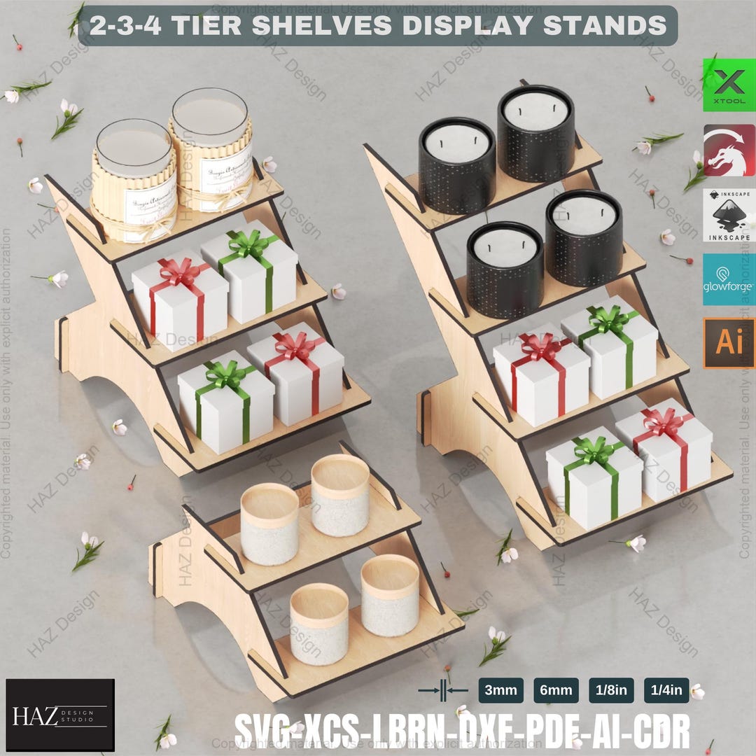Laser Cut Tiered Display Stand Set - 2, 3, & 4 Shelf Options - Digital ...