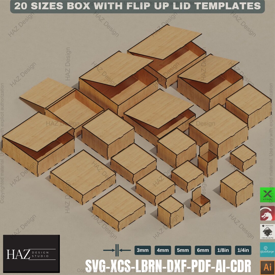 Laser Cut Box With Lid 20 Sizes,6 Thicknesses,svg Files ,flip Lid Box ...