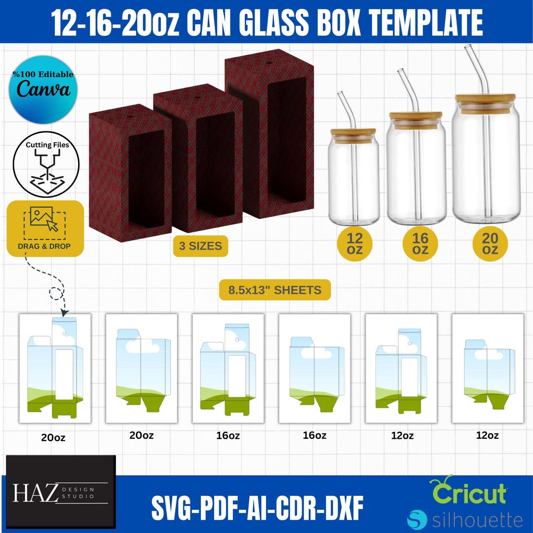 Can Glass Box Template Bundle for 12oz, 16oz, 20oz | Svg, PDF, Ai, CDR ...
