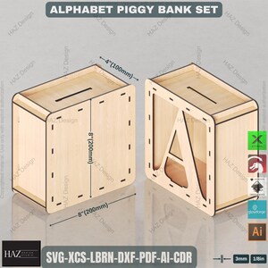 Alphabet Piggy Bank Laser Cut Files A-Z Letter Money Box Set DIY Kids ...