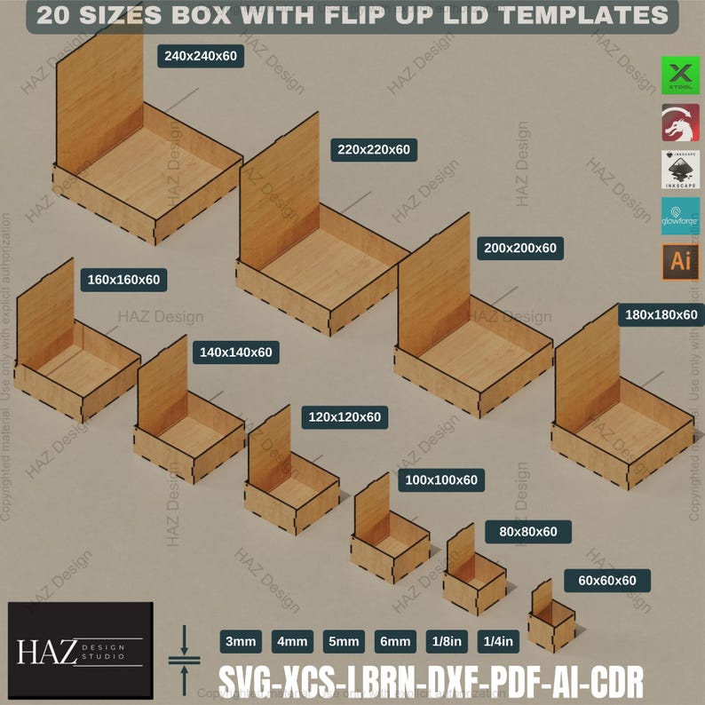 Laser Cut Box With Lid 20 Sizes,6 Thicknesses,svg Files ,flip Lid Box ...