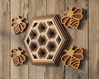 Layered Bee & Honeycomb SVG for Laser Cut, Beehive Decor, Digital ...