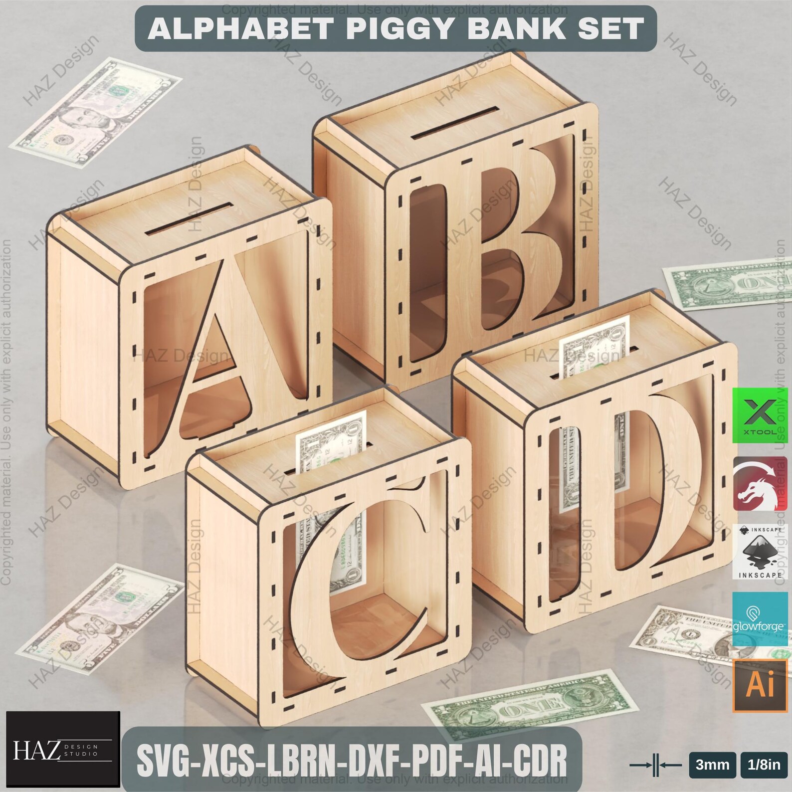 Alphabet Piggy Bank Laser Cut Files A-Z Letter Money Box Set DIY Kids ...