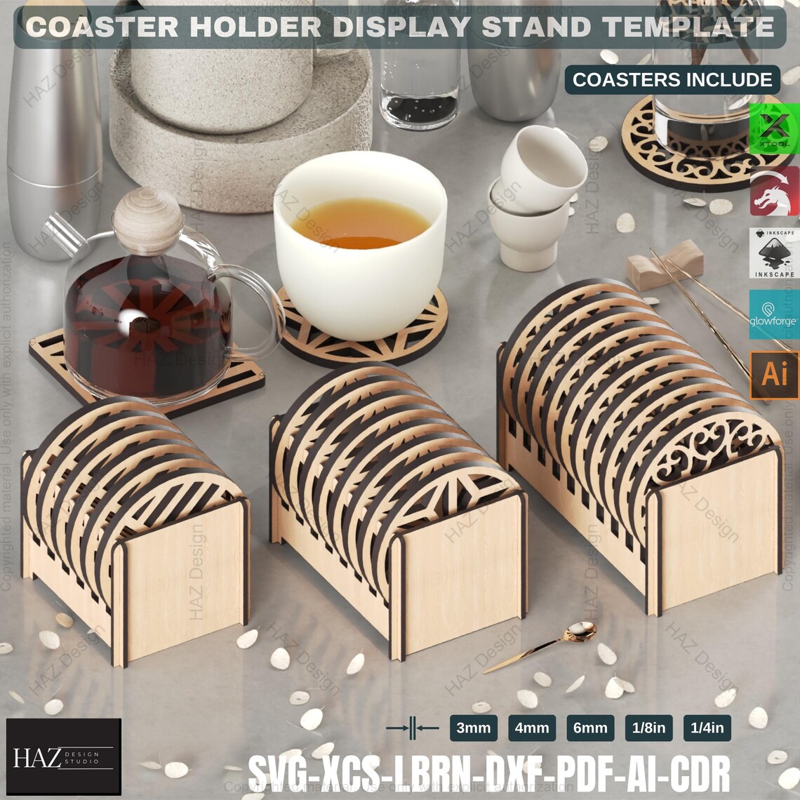 Laser Cut Coaster Holder Set 3 Sizes + 6 Coaster Designs, Round and ...