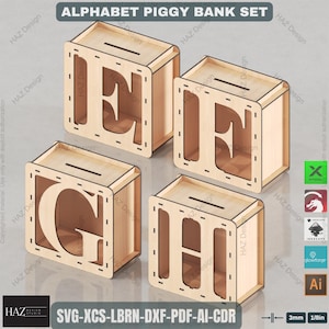 Alphabet Piggy Bank Laser Cut Files A-Z Letter Money Box Set DIY Kids ...