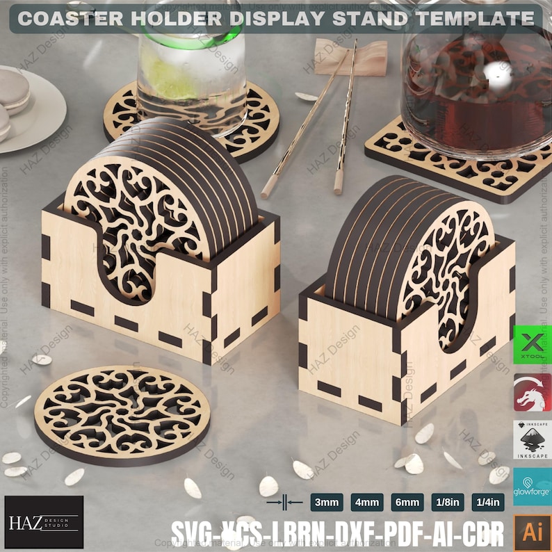 Laser Cut Coaster Holder Round Square Designs, DIY Decor,coaster Holder ...