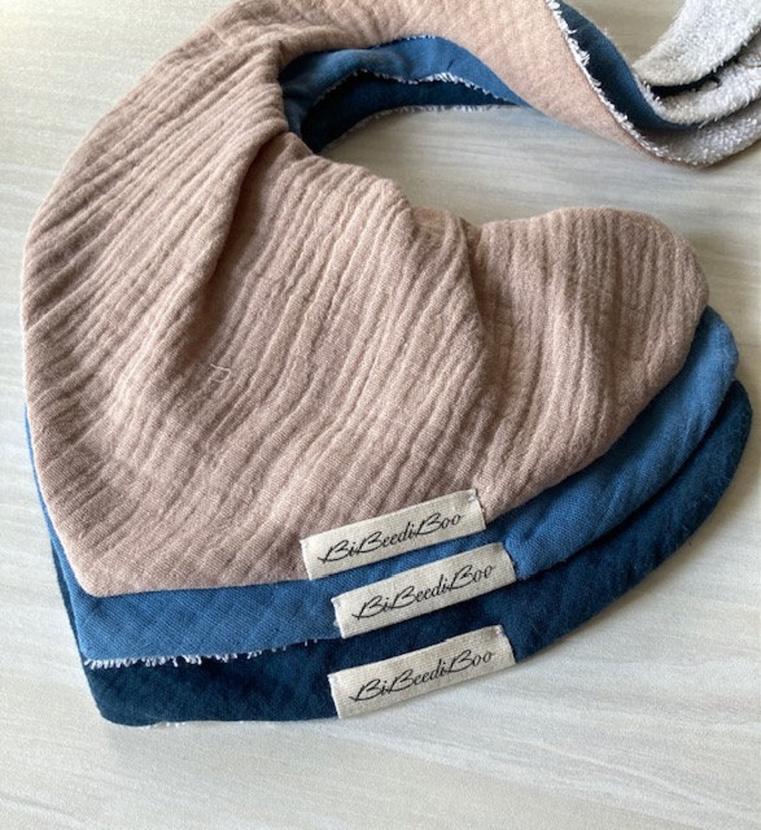 Set of 3 Blue Toned Cotton Gauze Baby Burping Bibs. Adjustable, Side ...