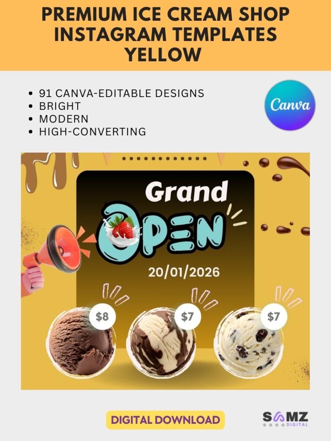 Ice Cream Shop Instagram Templates | Yellow Food Business Canva Bundle ...