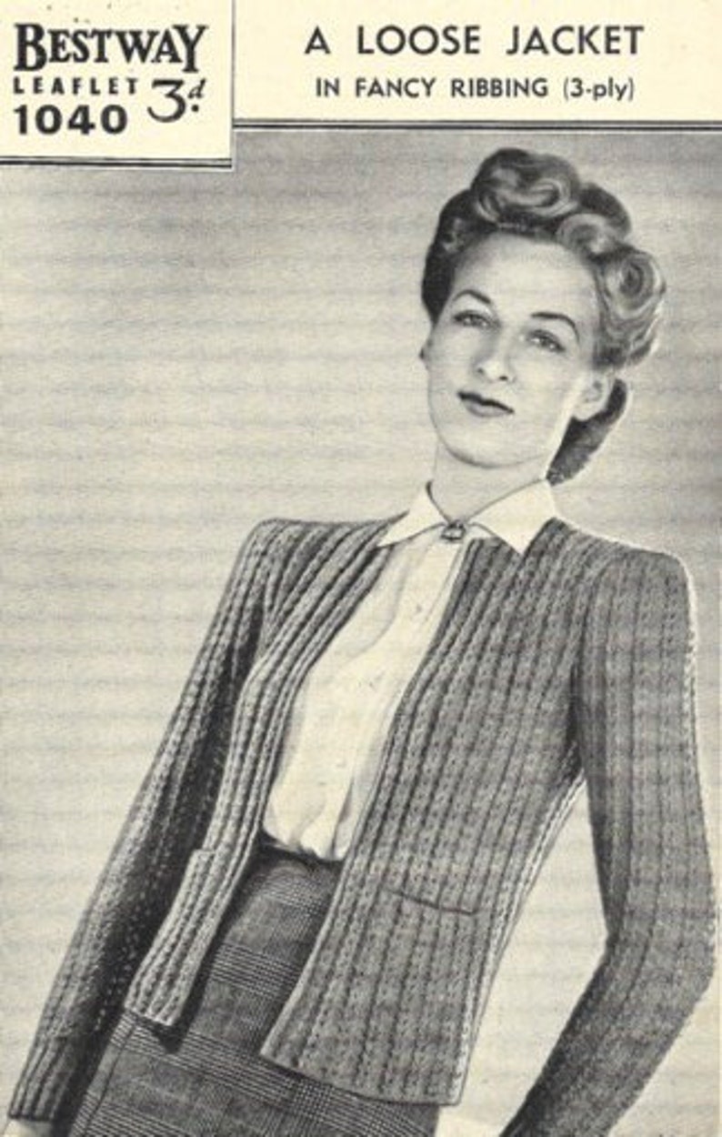A Loose Jacket in Fancy Ribbing Bestway 1040 1940s Knitting Pattern ...