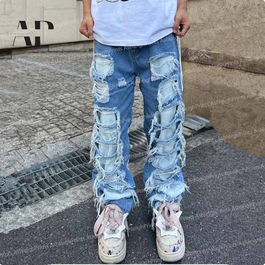 Grunge Y2K Streetwear Stacked Ripped Jeans Distressed - Etsy