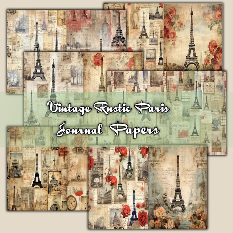 Vintage Rustic Paris Journal Pages , Digital Papers, Boho Background ...