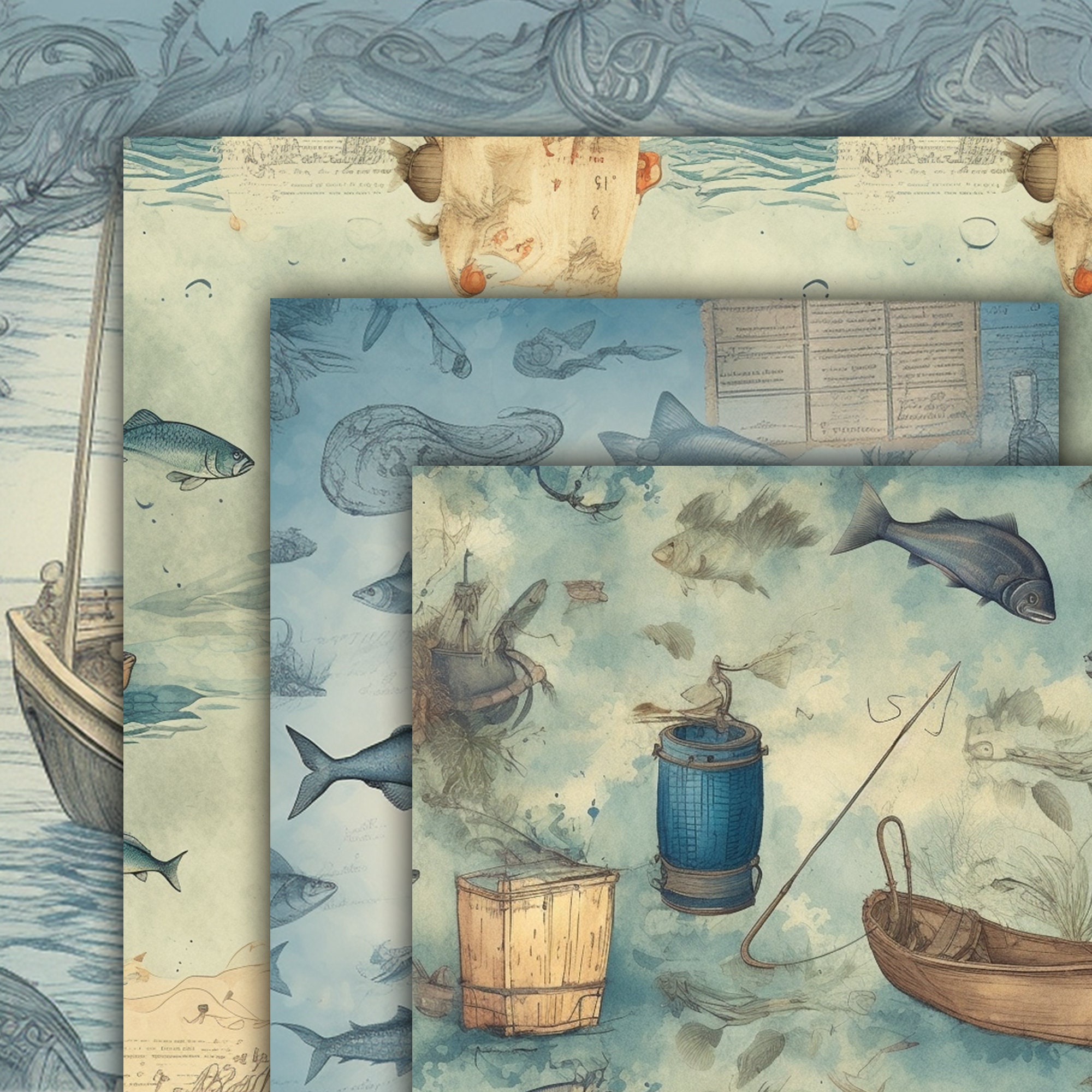 Vintage Fishing Journal Pages , Digital Papers , Fish Ephemera Pack ...