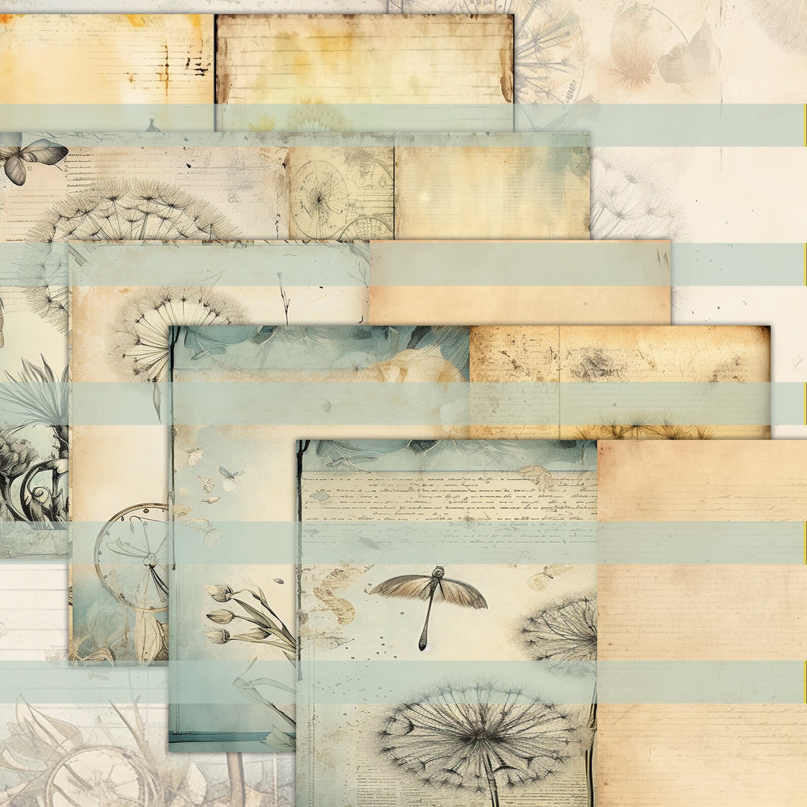 Vintage Dandelion Mega Journal Pages , Digital Papers, Floral Boho ...