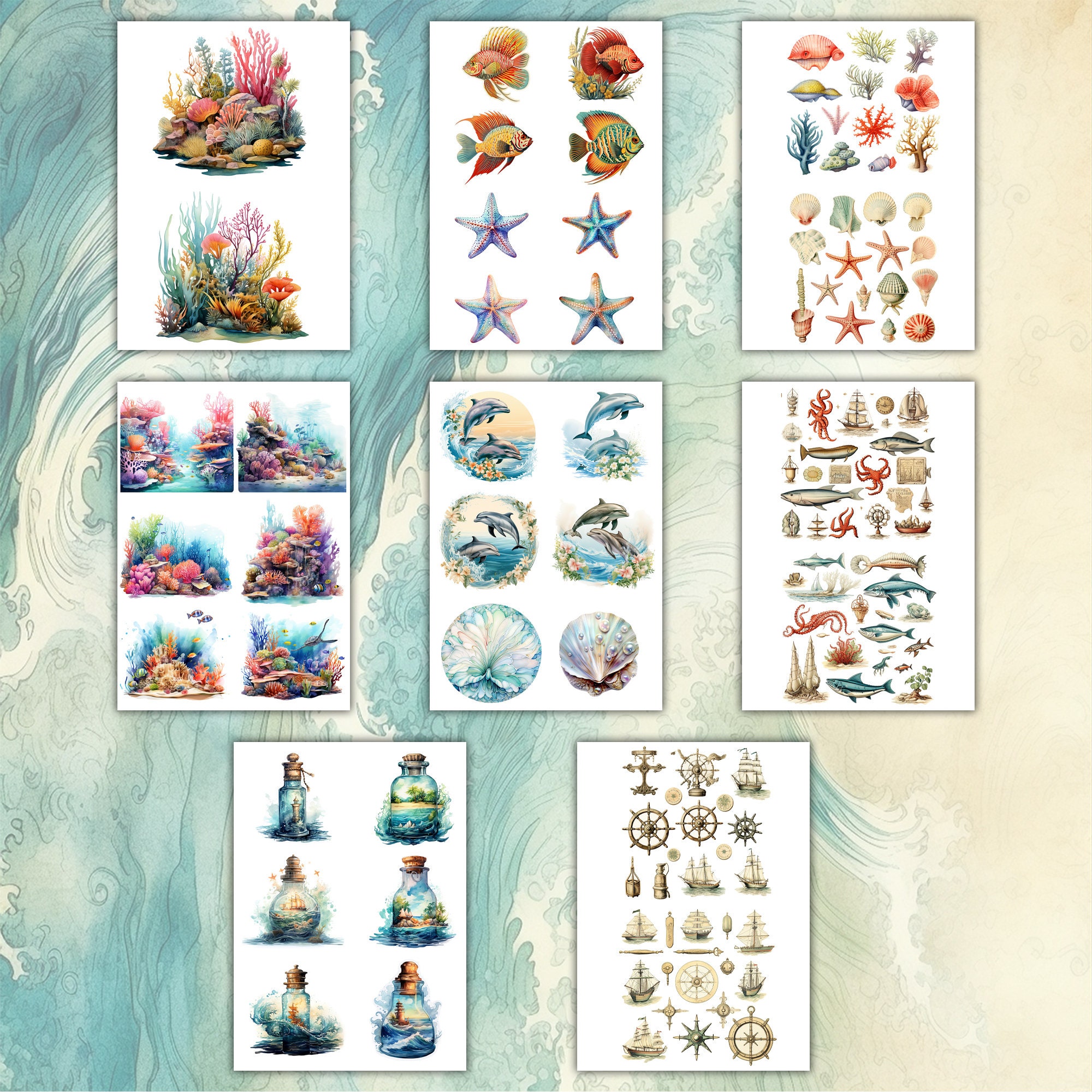 Vintage Ocean Digital Bundle: Fish, Dolphin, Mermaid, 40 Pages ...
