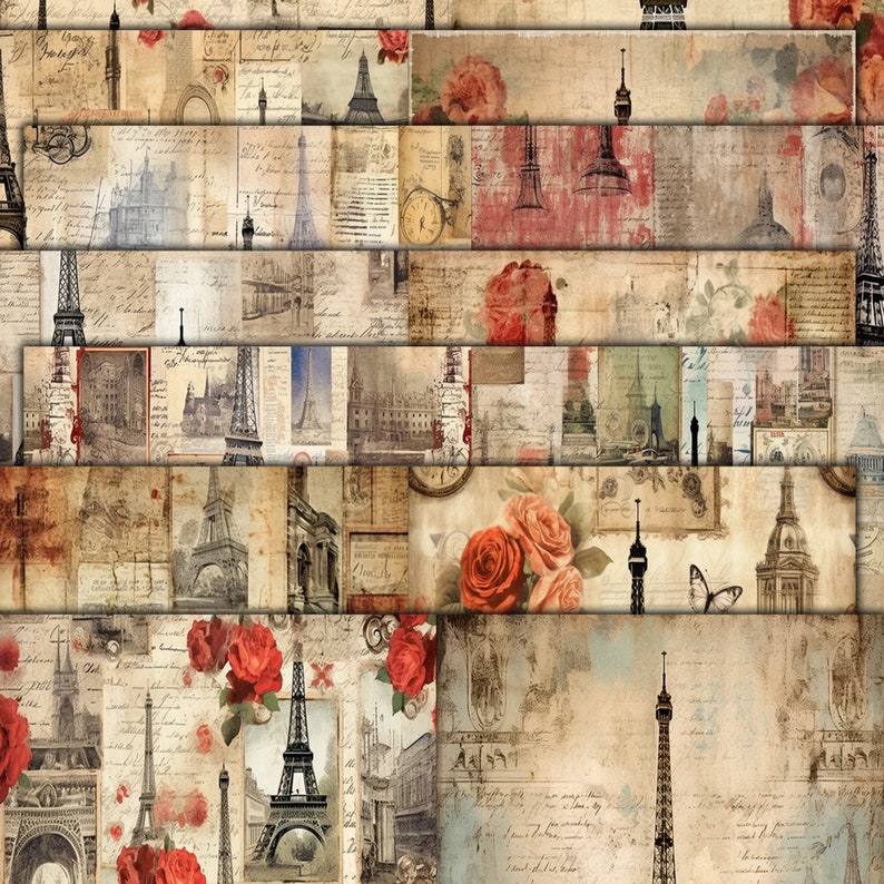 Vintage Rustic Paris Journal Pages , Digital Papers, Boho Background ...