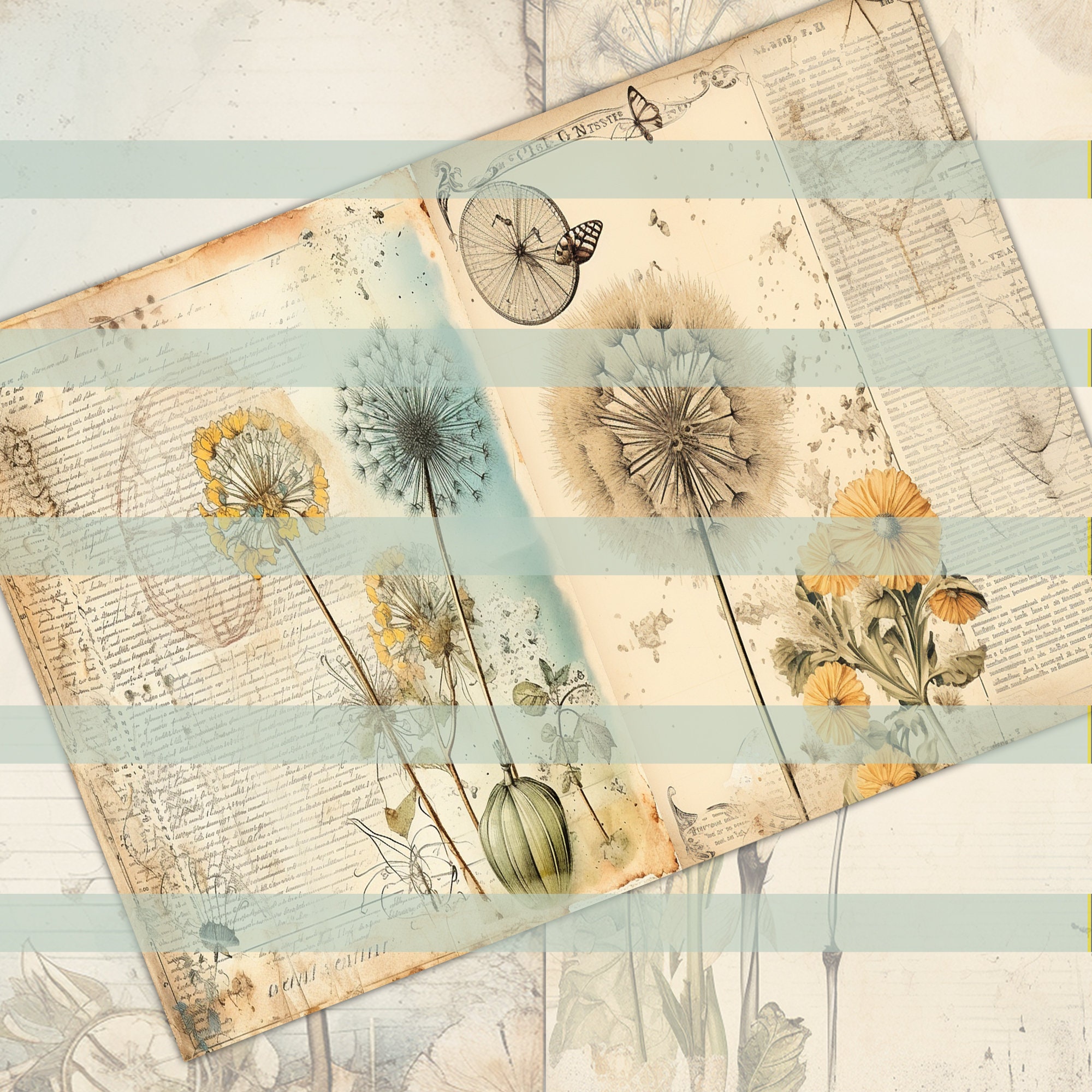 Vintage Dandelion Mega Journal Pages , Digital Papers, Floral Boho ...