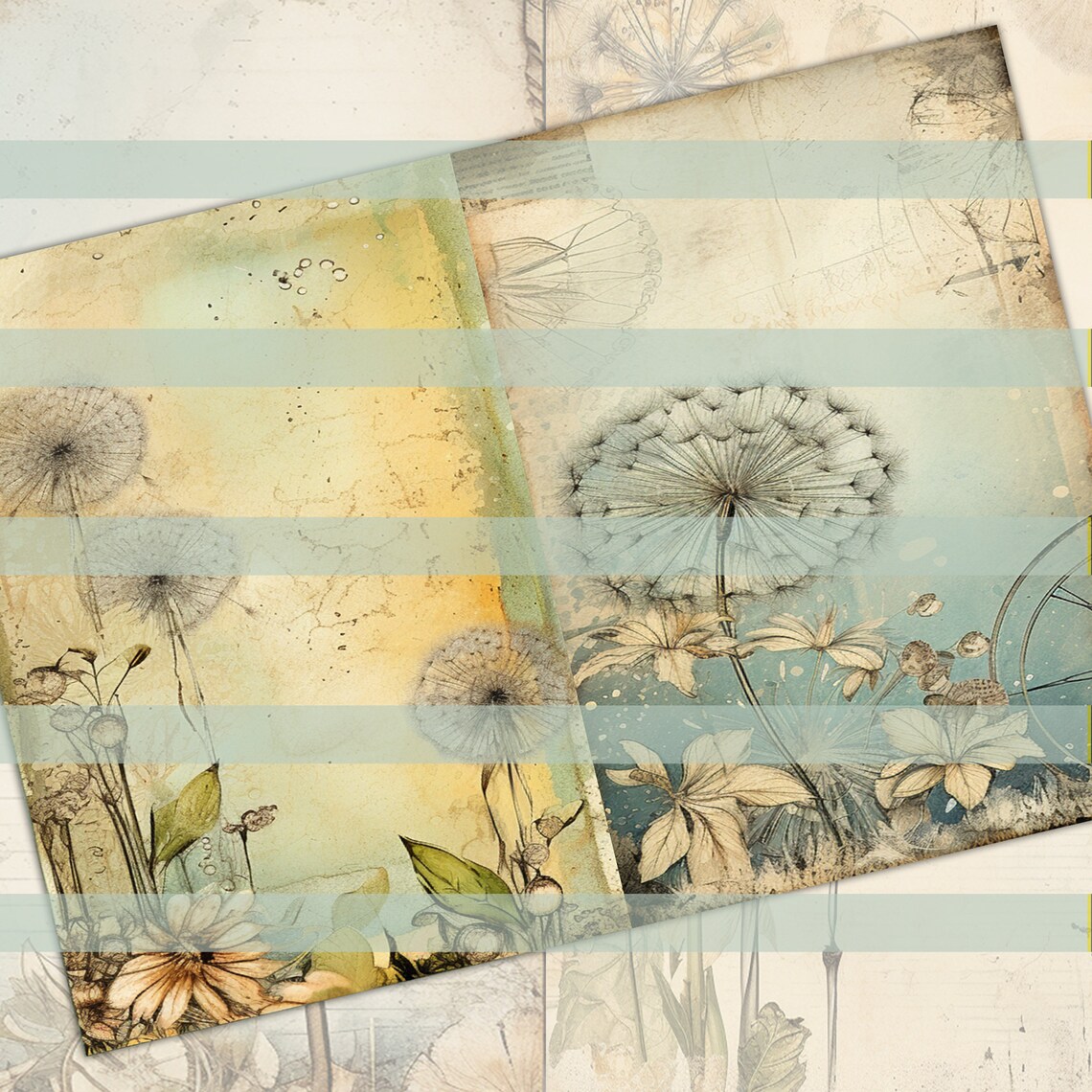 Vintage Dandelion Mega Journal Pages , Digital Papers, Floral Boho ...