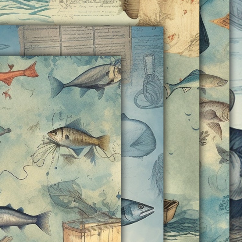 Vintage Fishing Journal Pages , Digital Papers , Fish Ephemera Pack ...