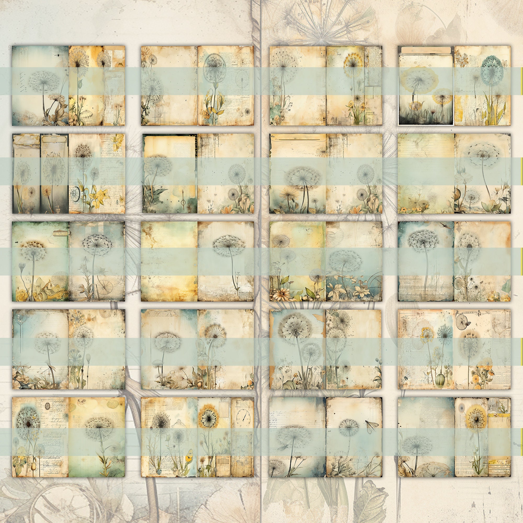Vintage Dandelion Mega Journal Pages , Digital Papers, Floral Boho ...