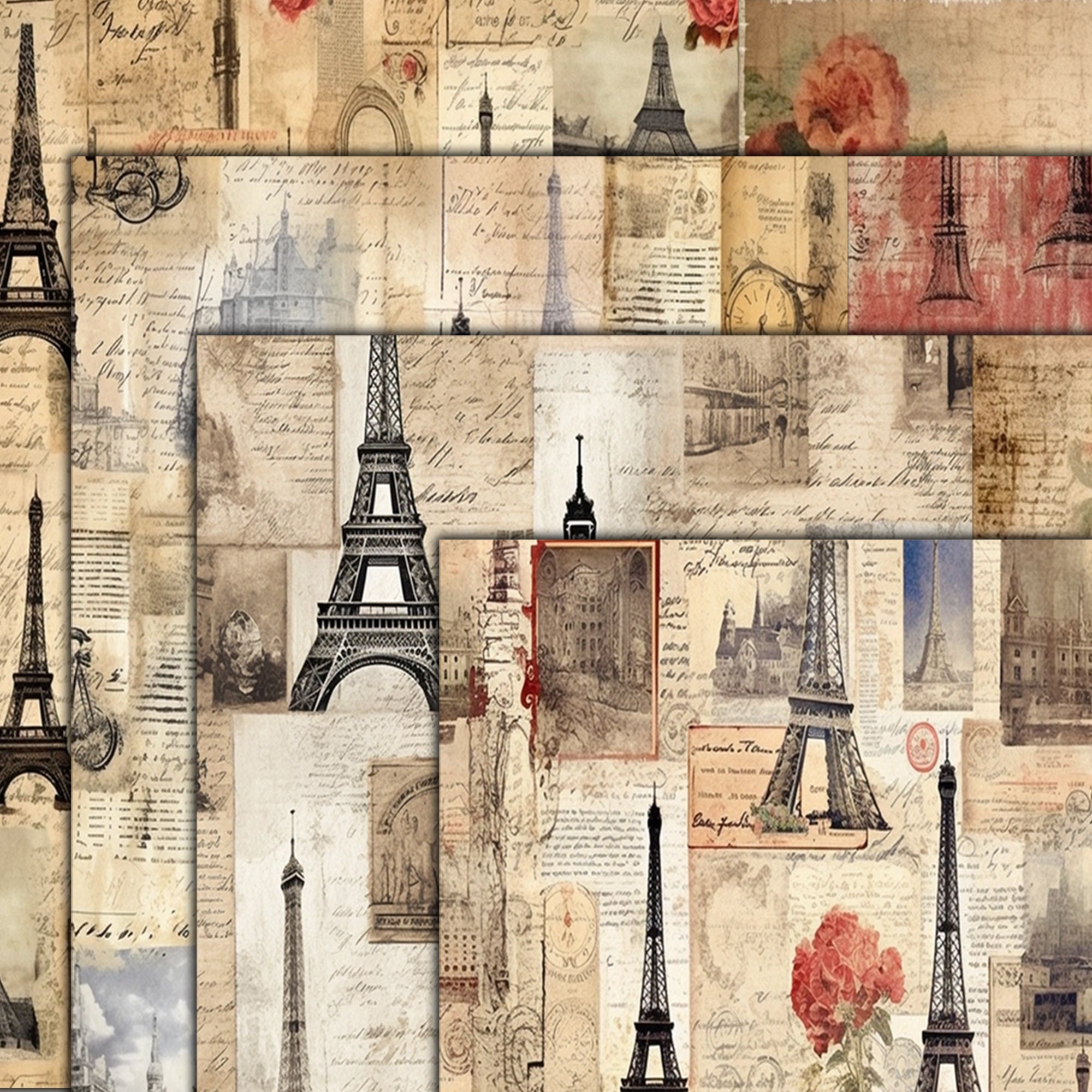 Vintage Rustic Paris Journal Pages , Digital Papers, Boho Background ...