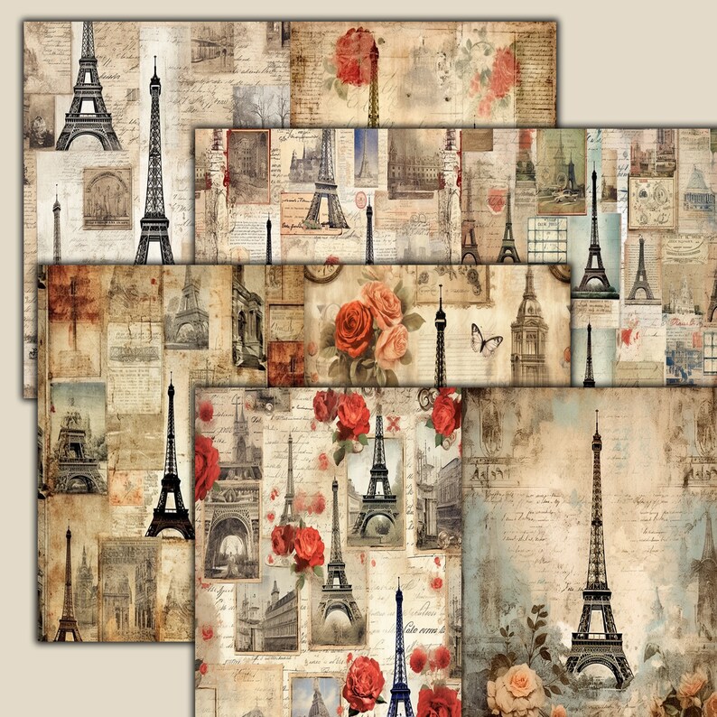 Vintage Rustic Paris Journal Pages , Digital Papers, Boho Background ...