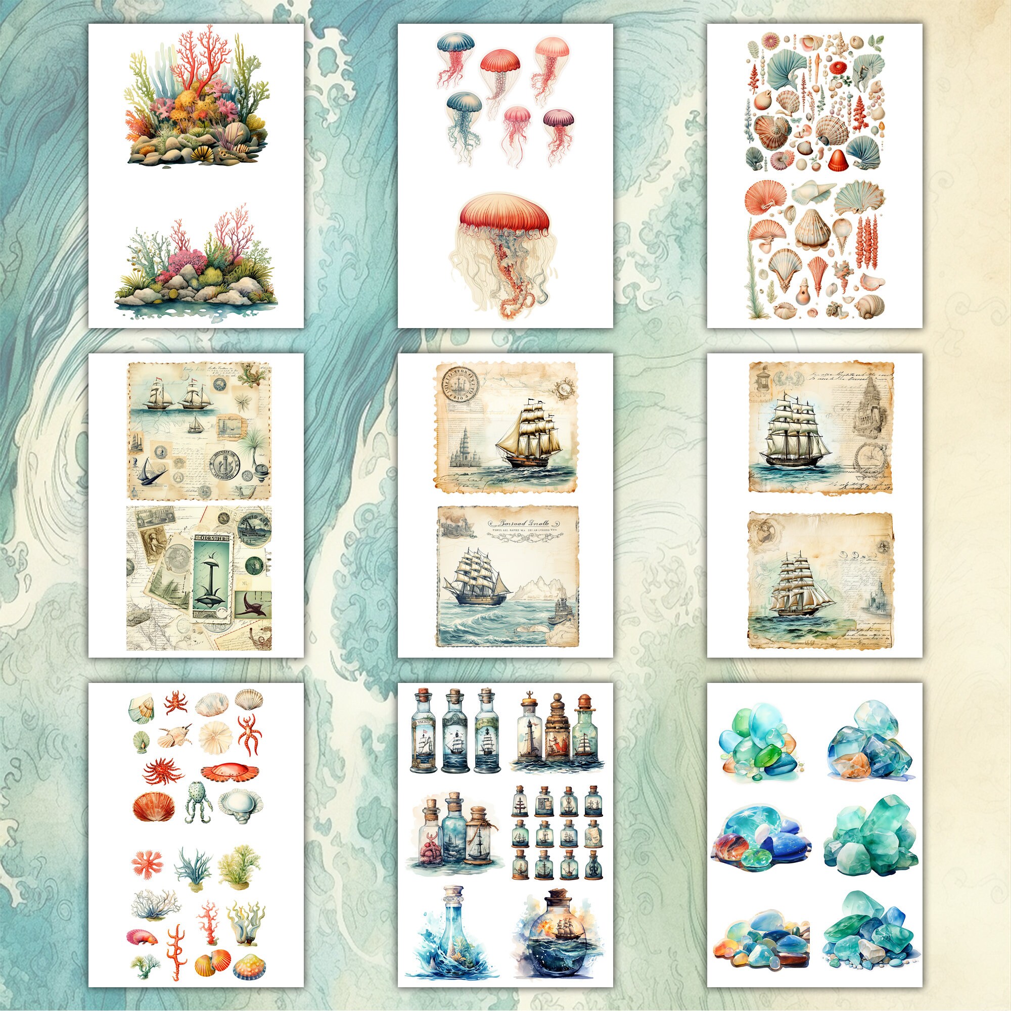 Vintage Ocean Digital Bundle: Fish, Dolphin, Mermaid, 40 Pages ...