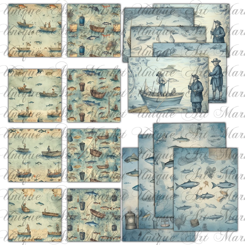 Vintage Fishing Journal Pages , Digital Papers , Fish Ephemera Pack ...